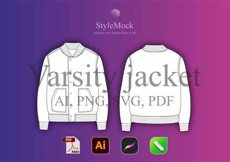 Varsity Jacket Vector Mockup - Illustrator Template Vector Tech Sketch ...