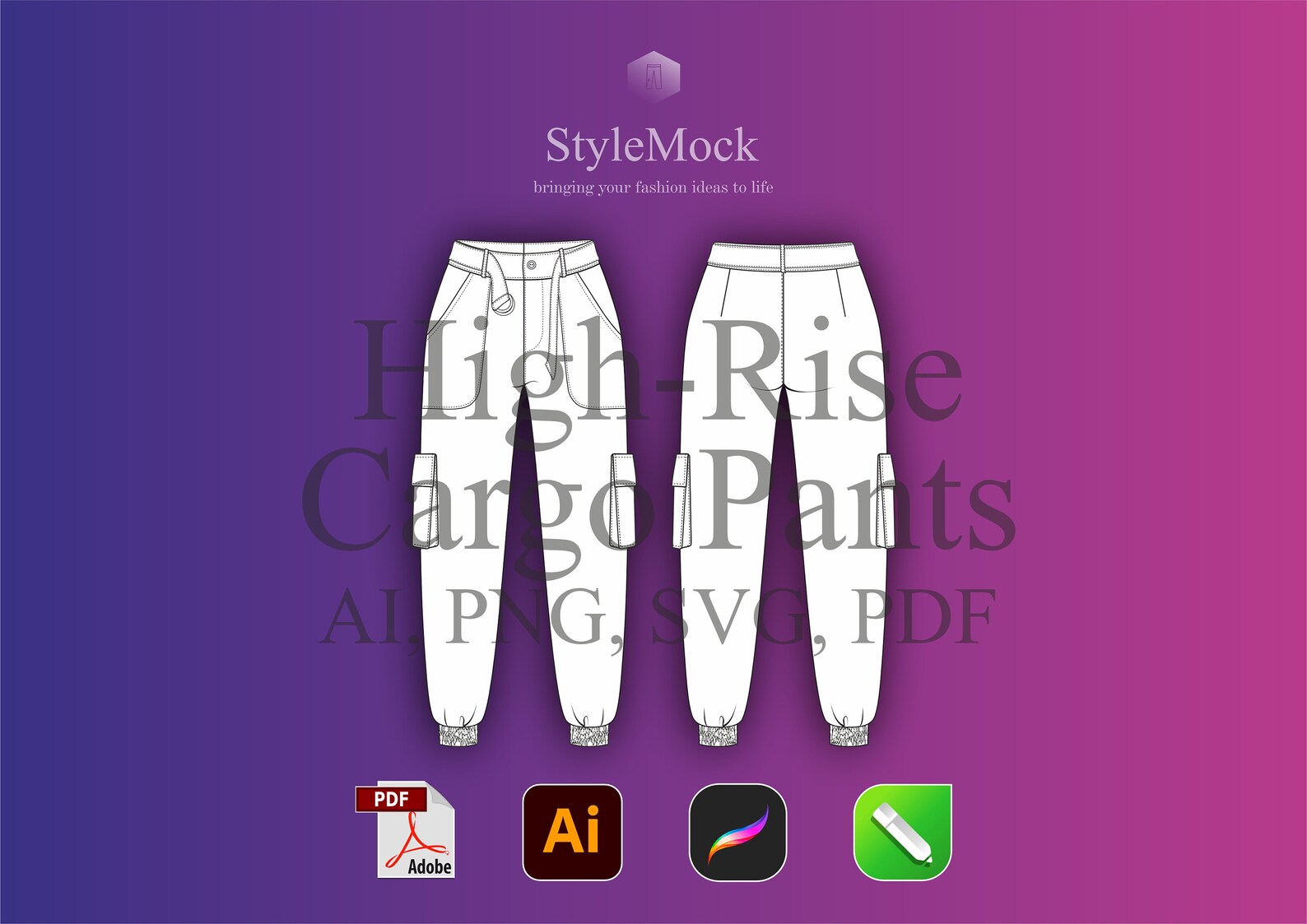 High-rise Cargo Pants Mockup - Vector Template (ai, Svg, Png, Pdf) - Etsy