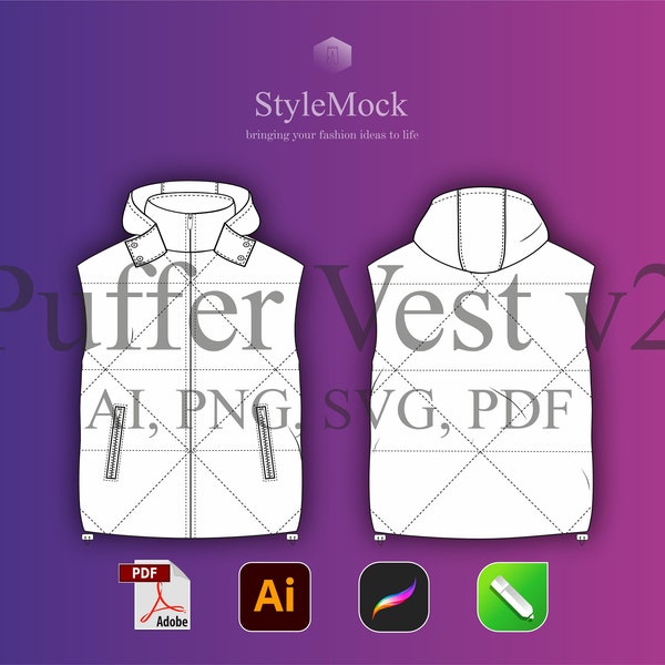 Puffer Vest Vector Mockup Illustrator Template Sportswear Sketch SVG ...