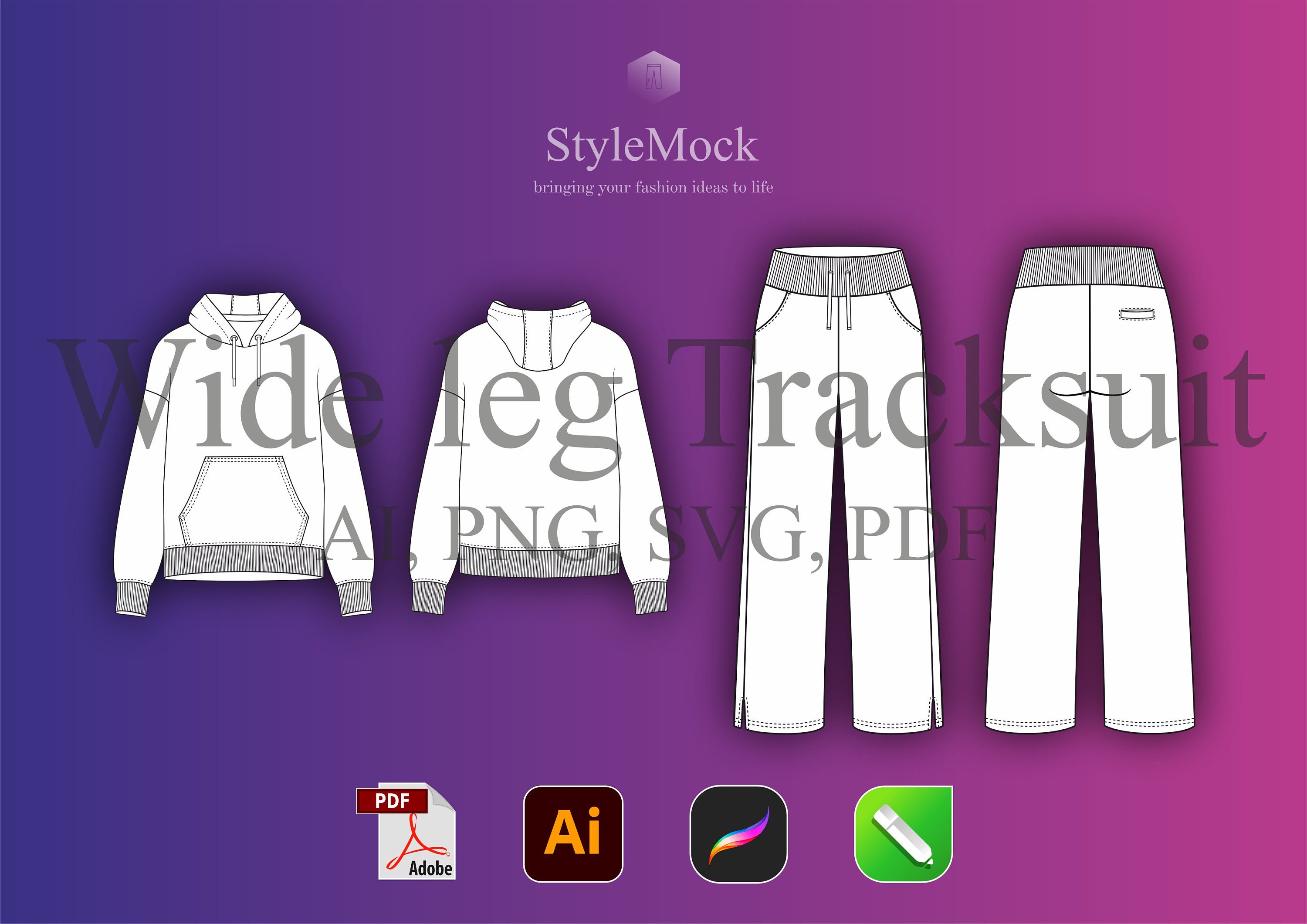Wide Leg Tracksuit Vector Mockup - Flat Sketch AI, Technical Drawing ...