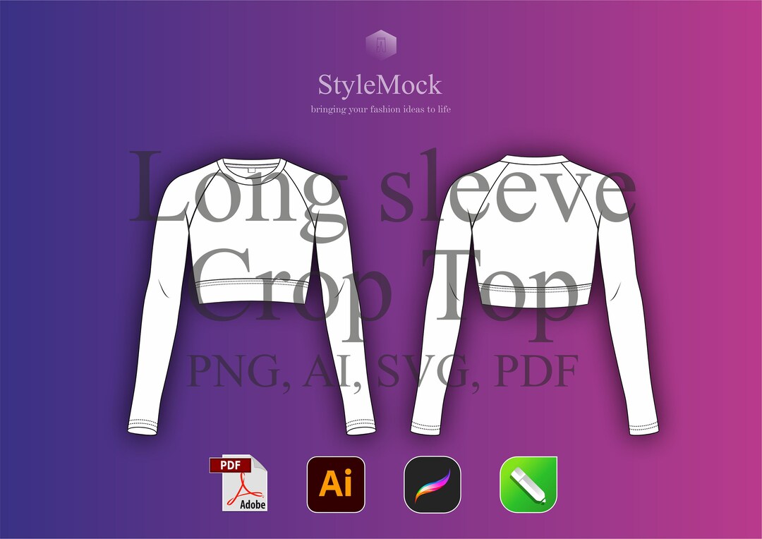 Long Sleeve Crop Top Vector Mockup - Illustrator Template Streetwear ...
