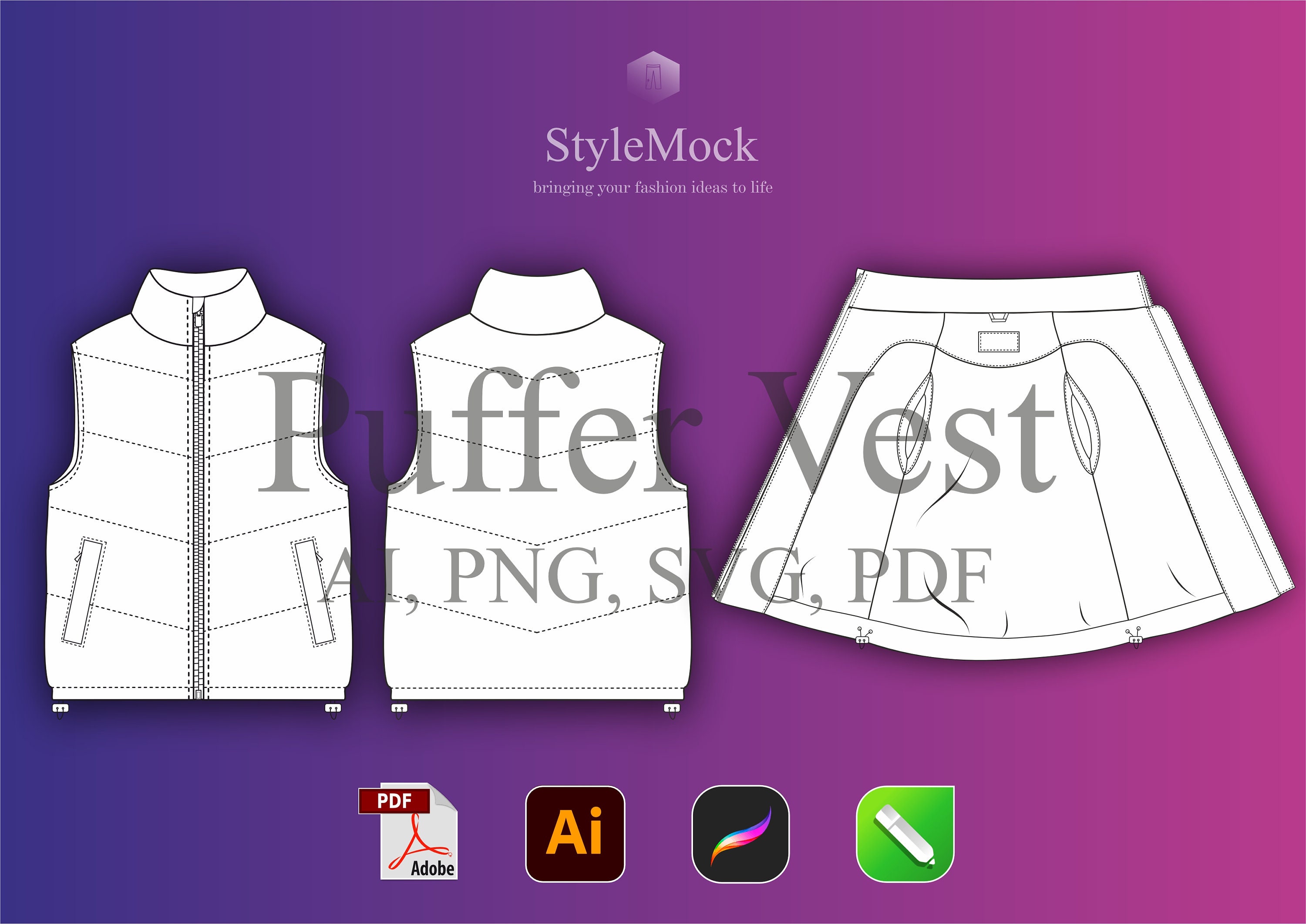 Puffer Vest Vector Mockup - Illustrator Template Sportswear Sketch SVG ...