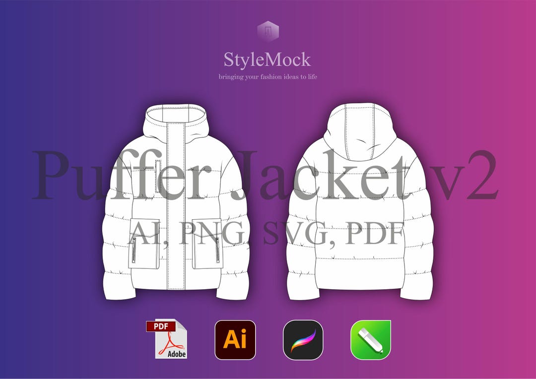Puffer Jacket Vector Mockup - Illustrator Template Streetwear Vector ...