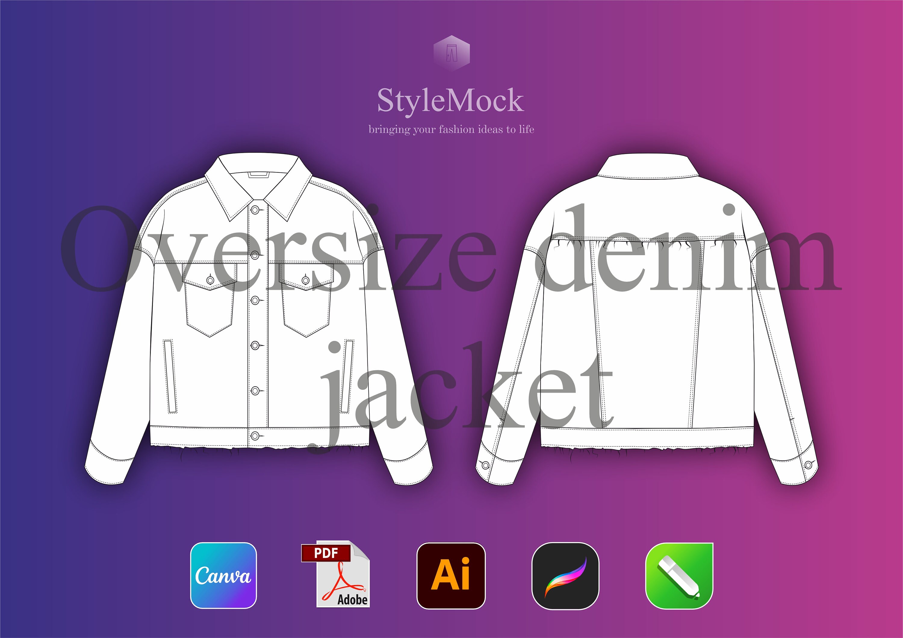 Oversize Denim Jacket Vector Mockup Illustrator Template Denim Vector ...