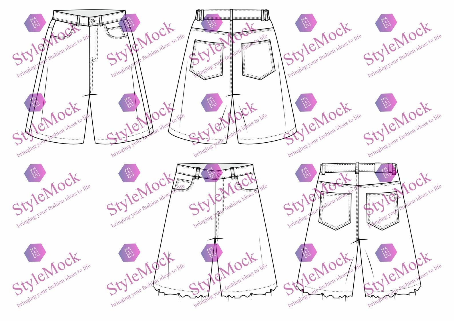 Denim Bermuda Jorts Vector Mockup – Fashion Flat Drawings (svg, Png, Ai ...