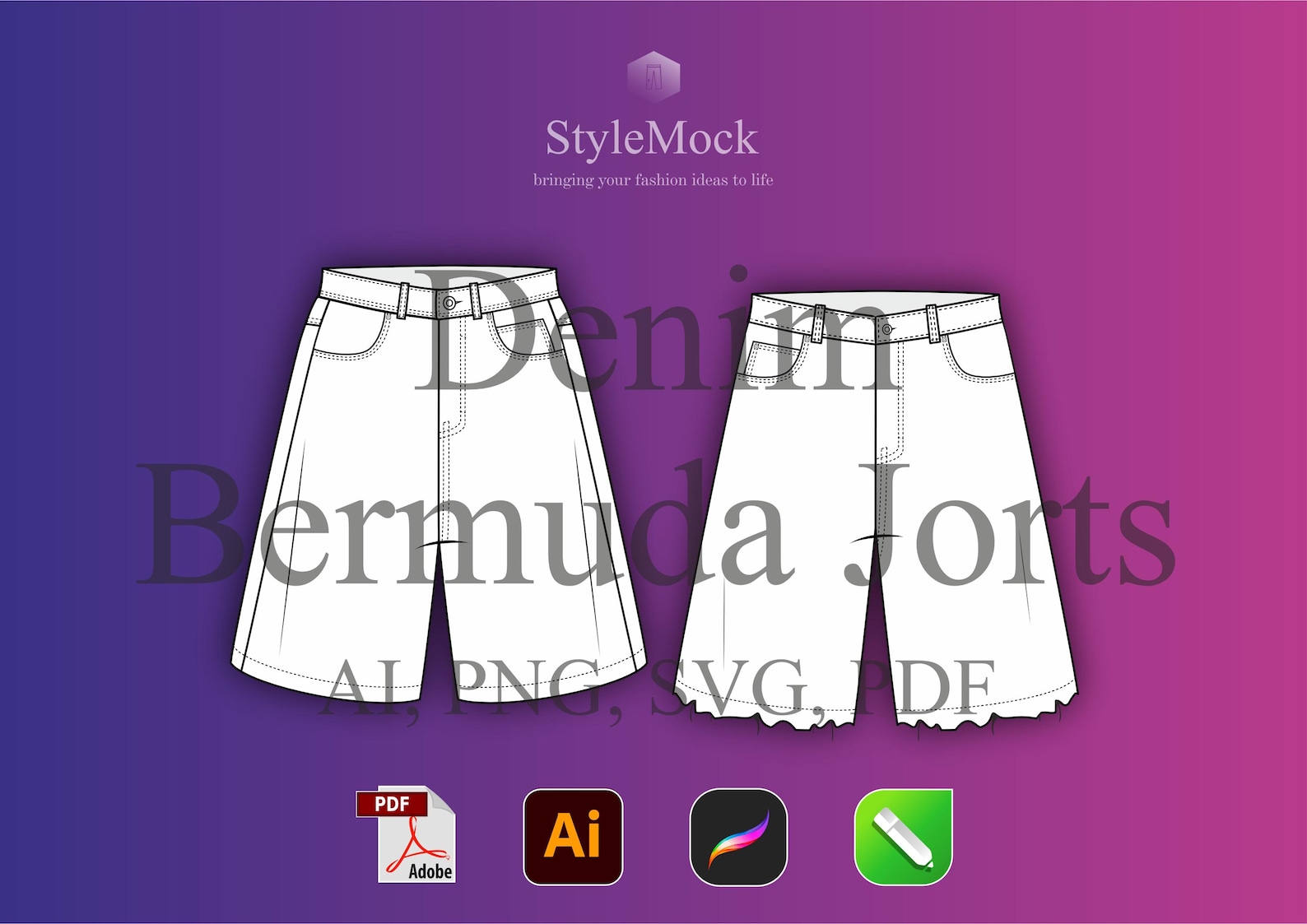 Denim Bermuda Jorts Vector Mockup - Baggy Shorts Procreate Streetwear ...