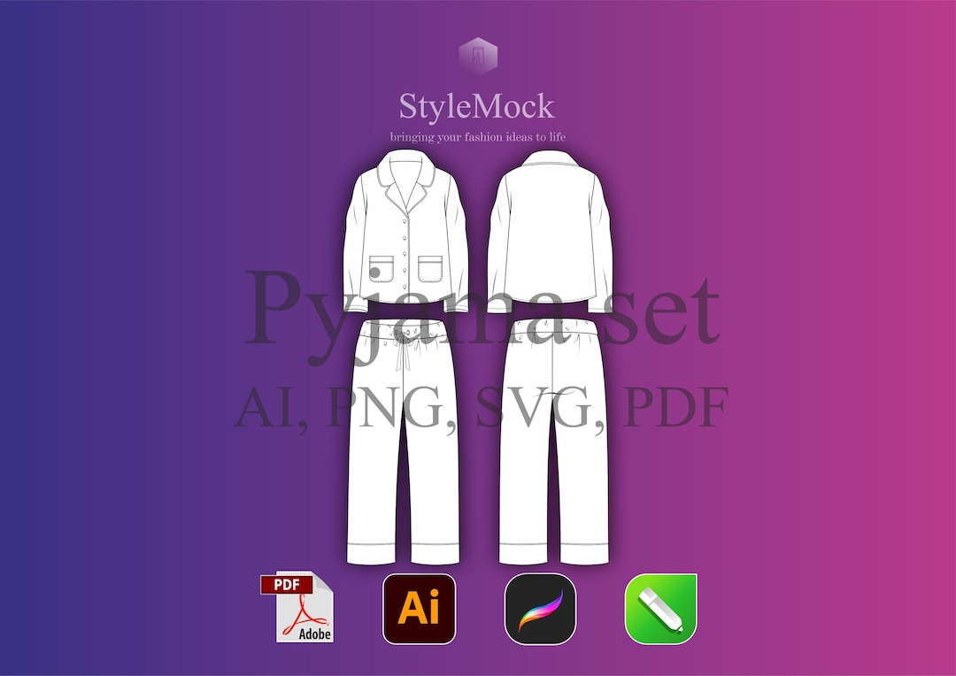 Pyjama Set Vector Mockup - Illustrator Template Loungewear Vector ...