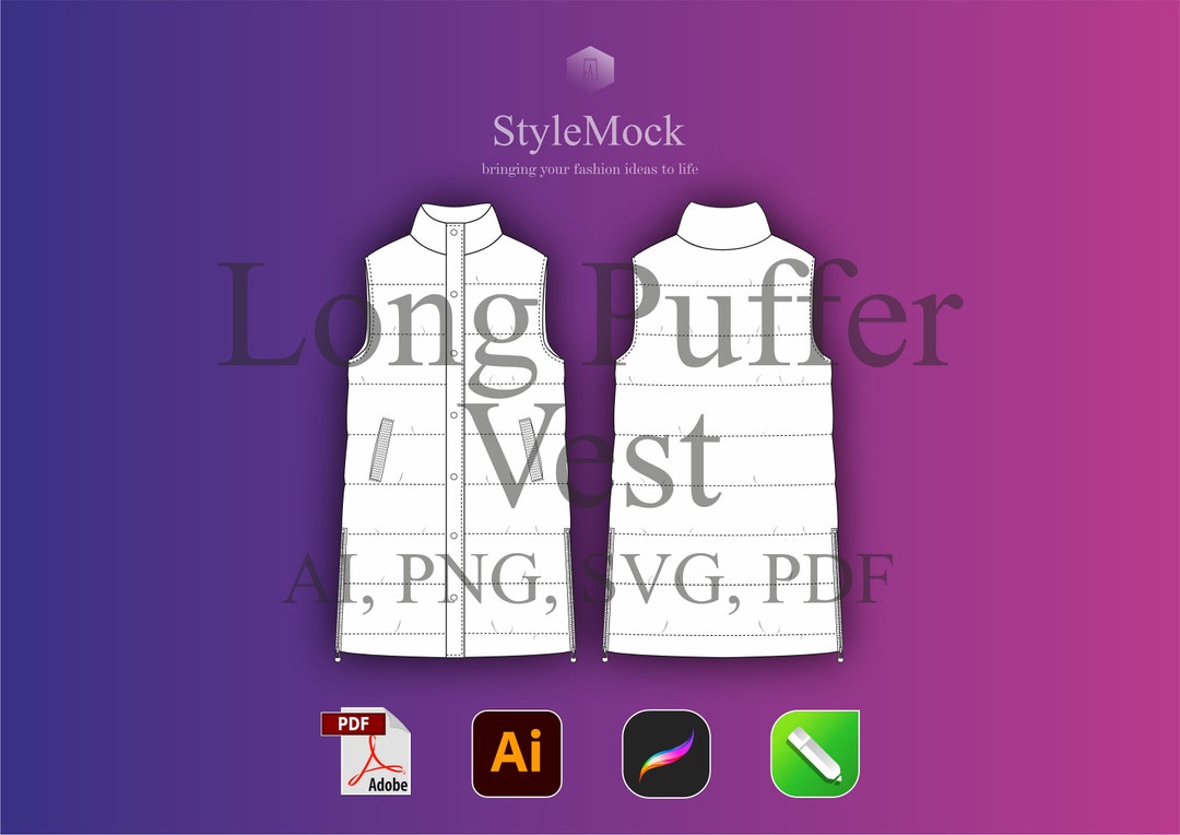 Long Puffer Vest Vector Mockup - Illustrator Template Sportswear Sketch ...