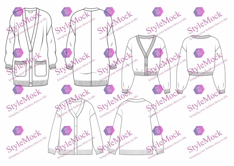Cardigan Vector Mockups – Fashion Flat Drawings, Illustrator Template ...