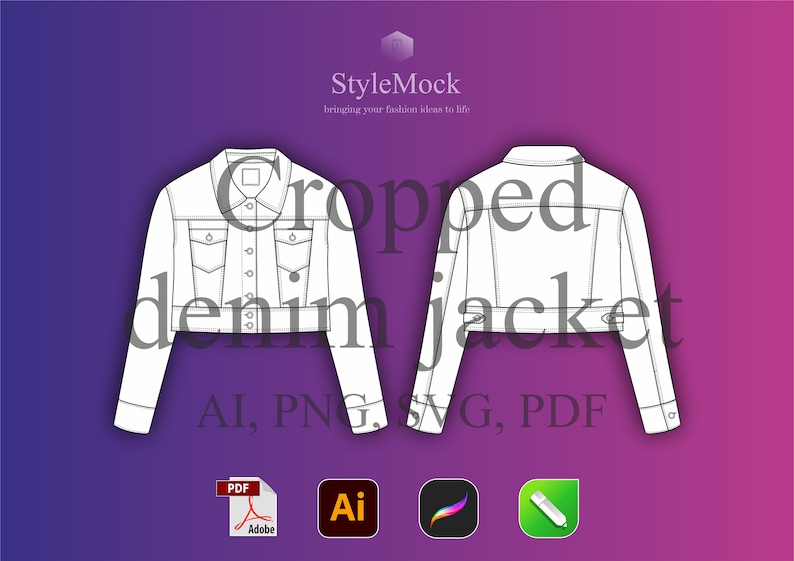 Cropped Denim Jacket Vector Mockup – Fashion Flat Drawings (ai, Png ...