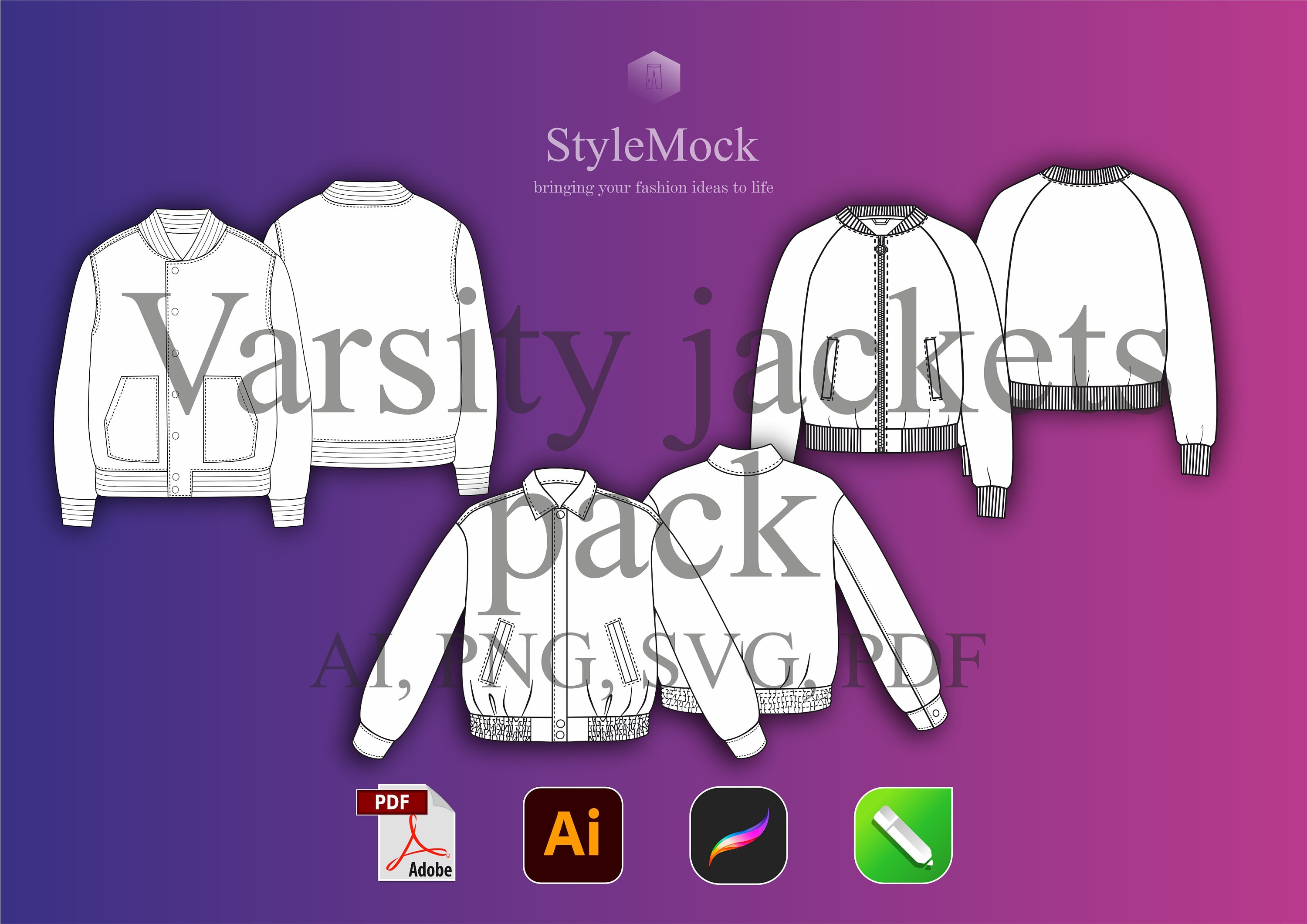 Varsity Jackets Vector Mockup Pack - Illustrator Template Flat Sketch ...