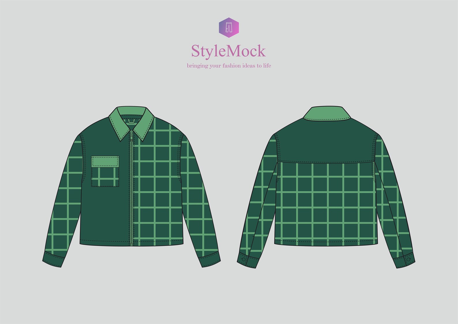 Zipped Overshirt Vector Mockup - Flat Sketch, Technical Drawing ...