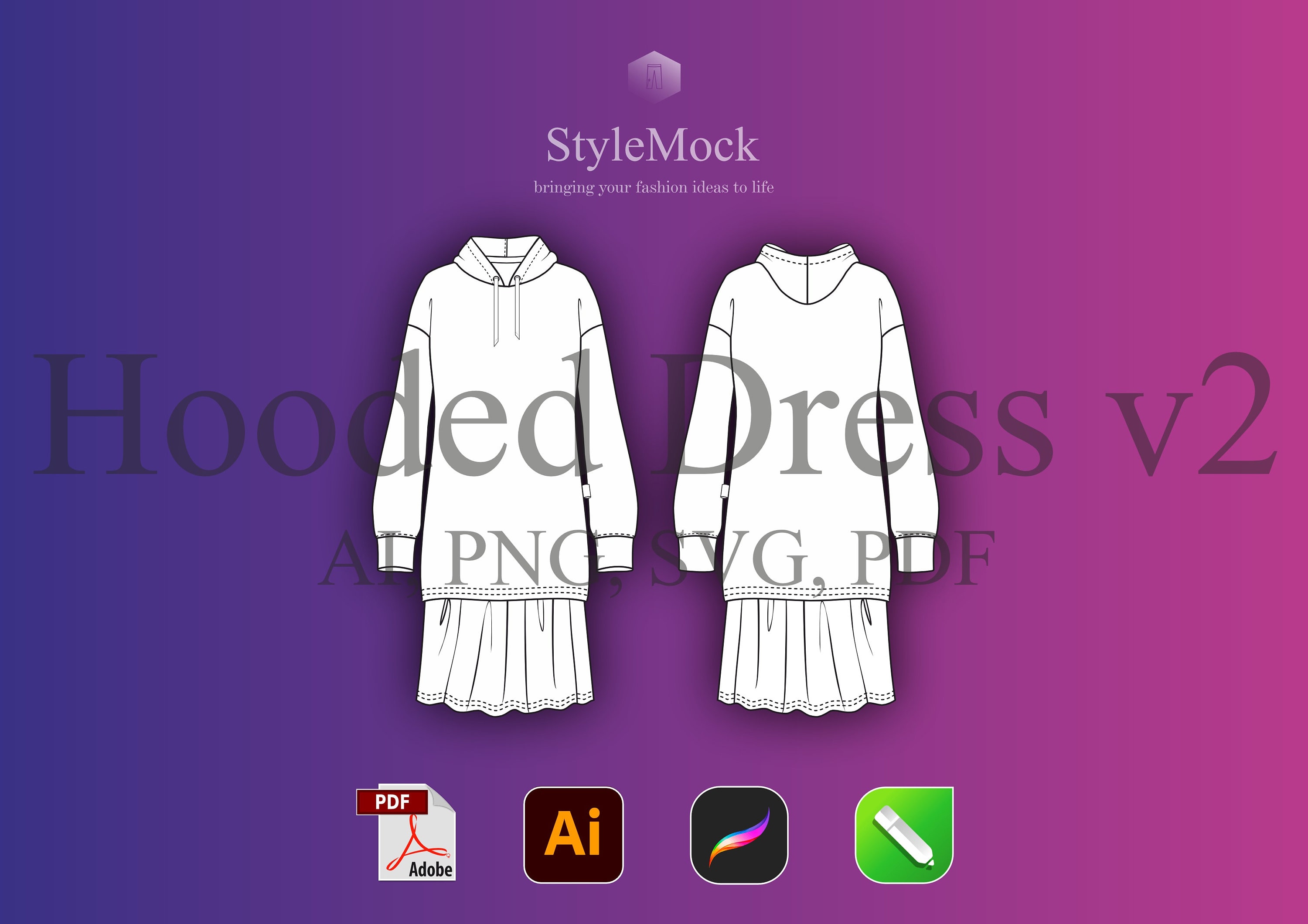 Hooded Dress Vector Mockup - Illustrator Template Streetwear Vector ...