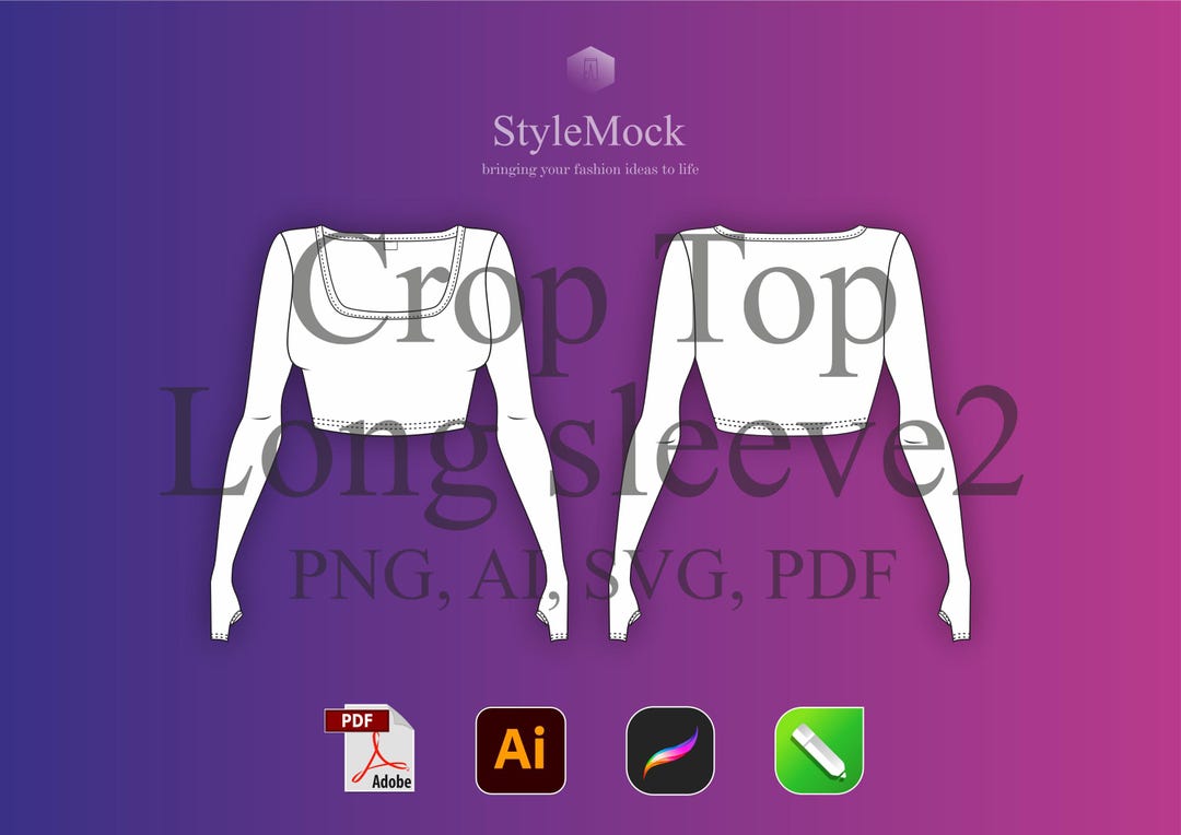 Long Sleeve Crop Top Vector Mockup - Illustrator Template Streetwear ...