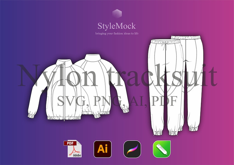 Nylon Tracksuit Vector Mockup – Fashion Flat Drawings (ai, Svg, Png ...