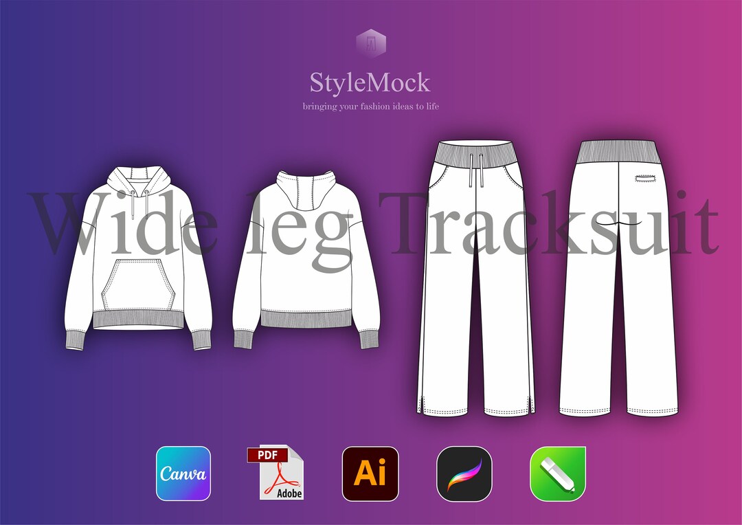 Wide Leg Tracksuit Vector Mockup Flat Sketch AI, Technical Drawing ...