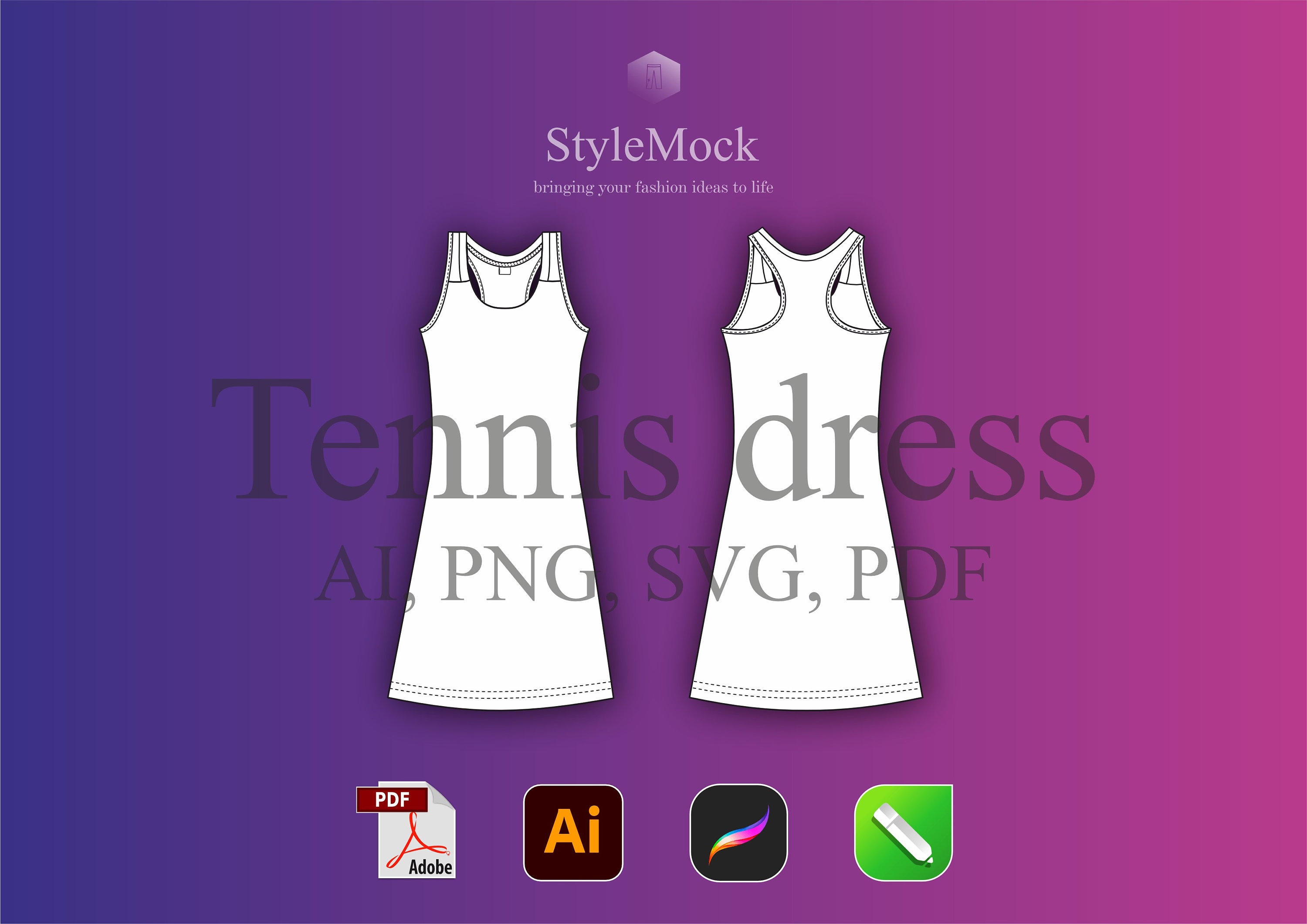 Tennis Dress Vector Mockup - Flat Sketch, Technical Drawing, Sportswear ...