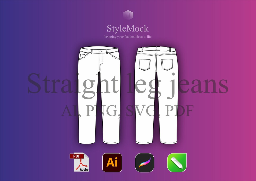 Straight Jeans Vector Mockup - Illustrator Template Denim Vector ...