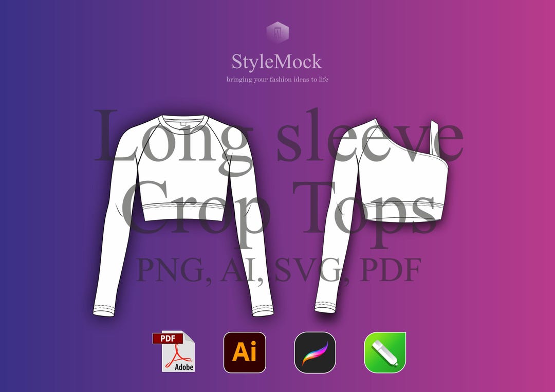 Long Sleeve Crop Top Vector Mockup - Fashion Flat Drawings (ai, Svg ...