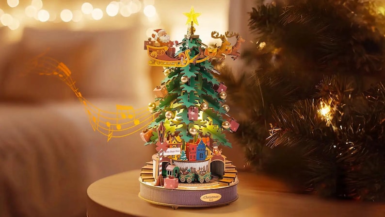 DIY Robotime Rolife Christmas Melody Tree 3D Wooden Puzzle Music Box ...