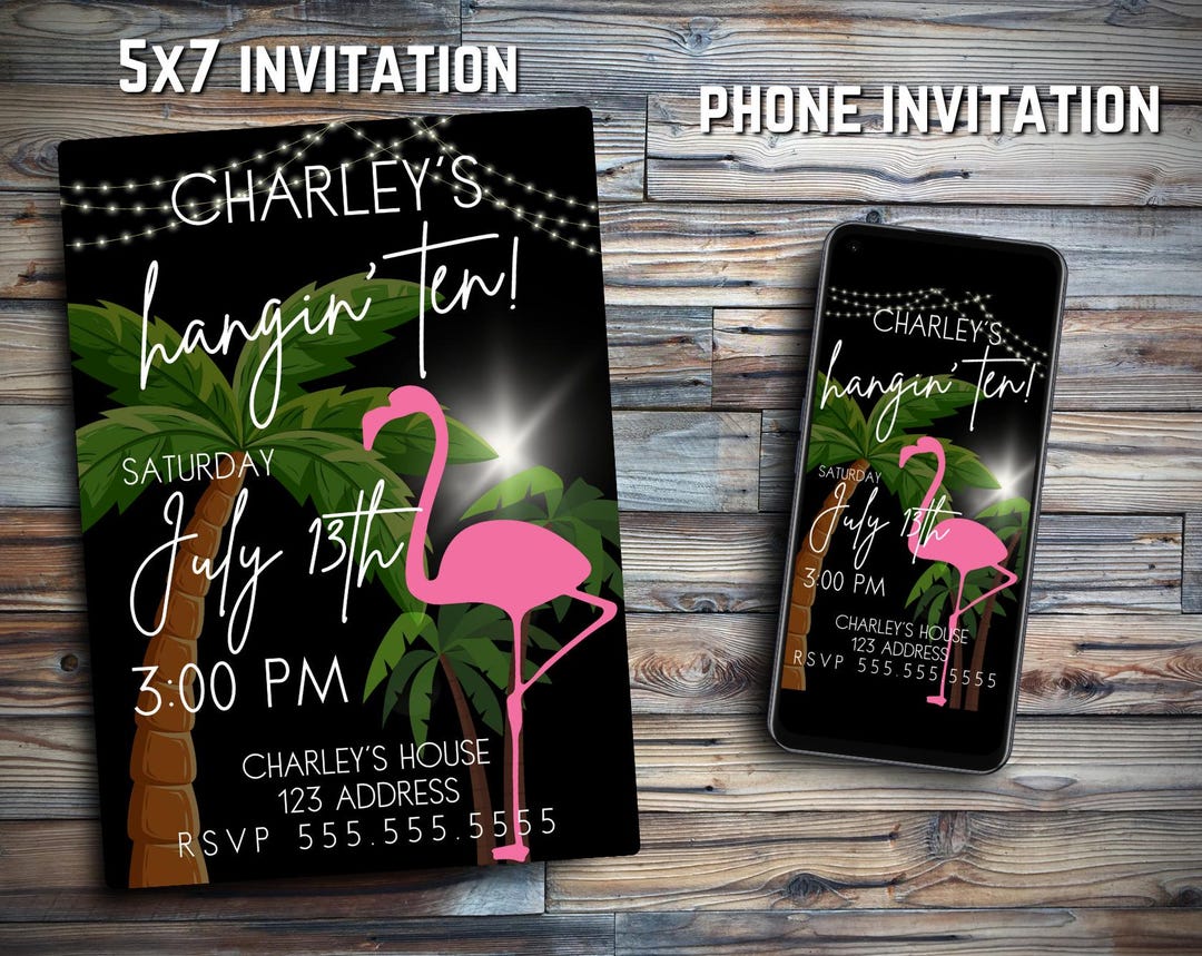 Flamingo Birthday Party Hangin 10 Ten Invitation Custom Digital ...