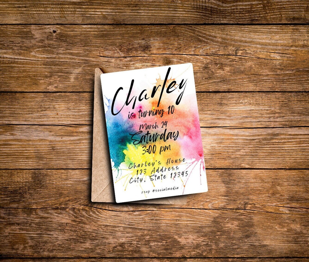 Customized Girls Watercolor Rainbow Splatter Paint Birthday Party ...