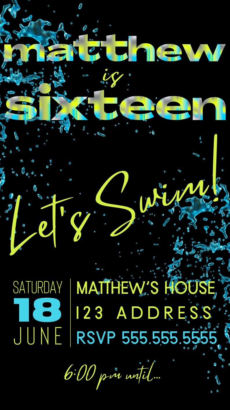 16th Birthday Pool Party Invitation Custom Digital Download Phone Email ...
