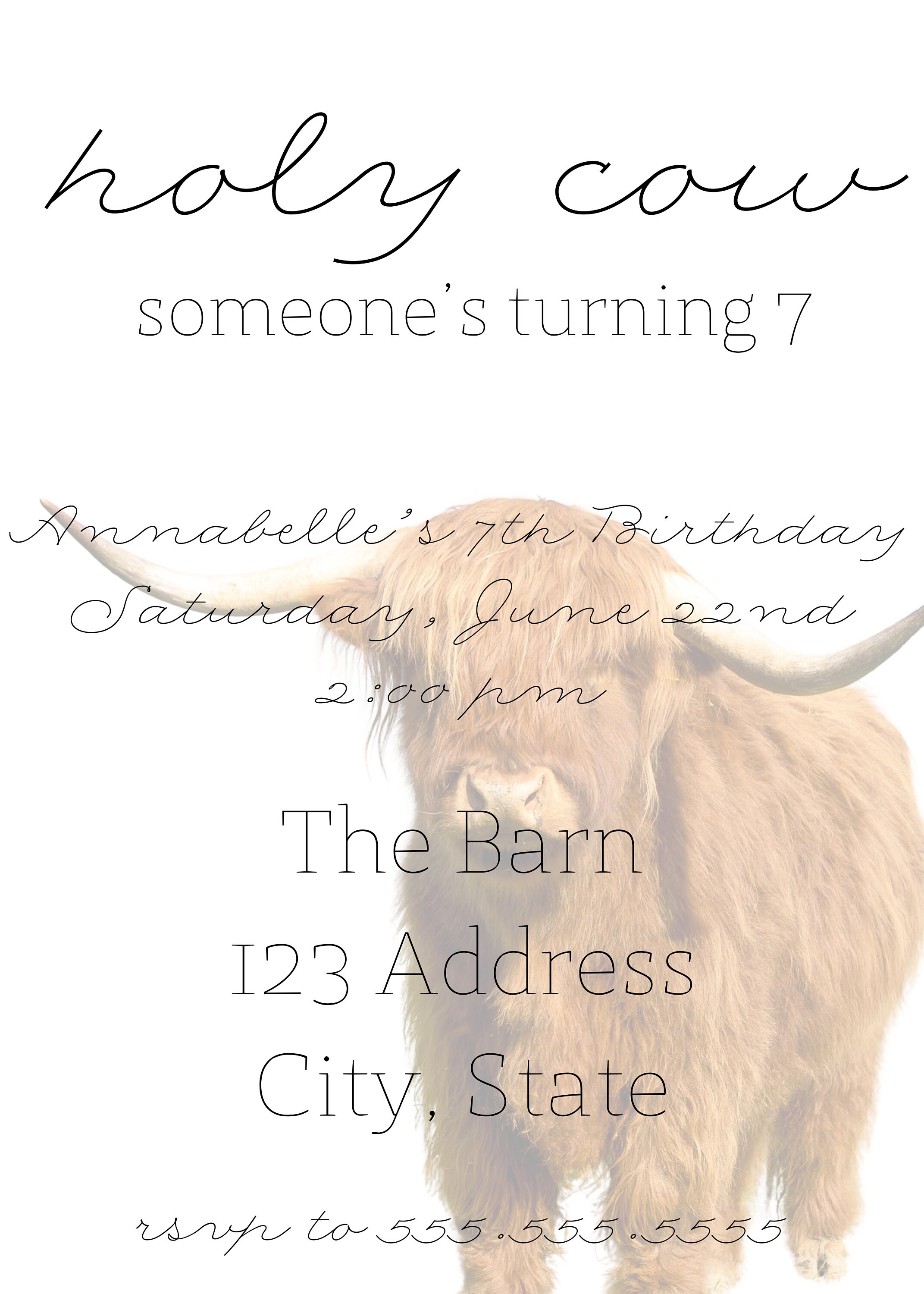 Cow Kids Birthday Party Invitation Highland Cow Invite Digital Download ...