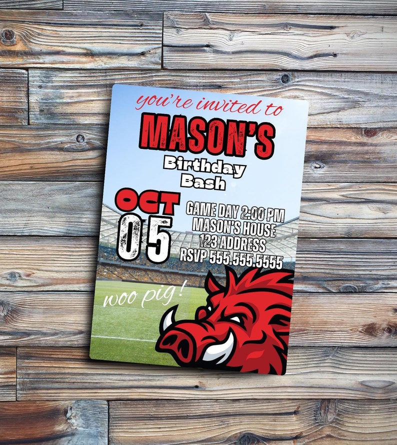 Kids Razorback Football Birthday Party Invitation Custom Digital ...