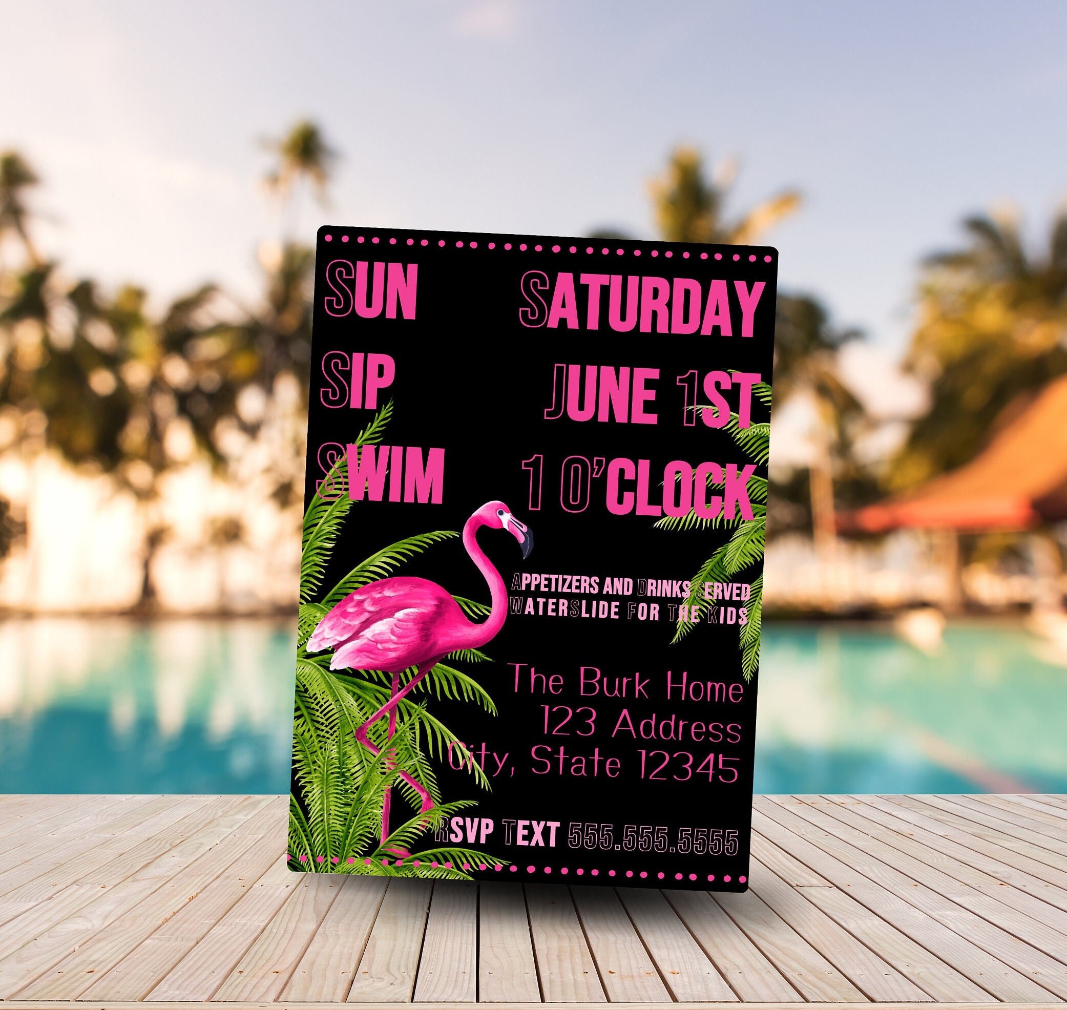 Flamingo Pool Party Invitation Swimming Sip Sun Custom Digital Download ...