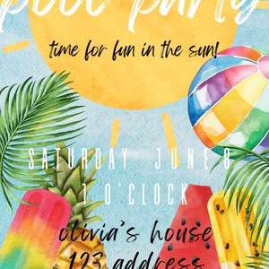Pool Party Invitation Custom Digital Download Spring Summer Springbreak ...