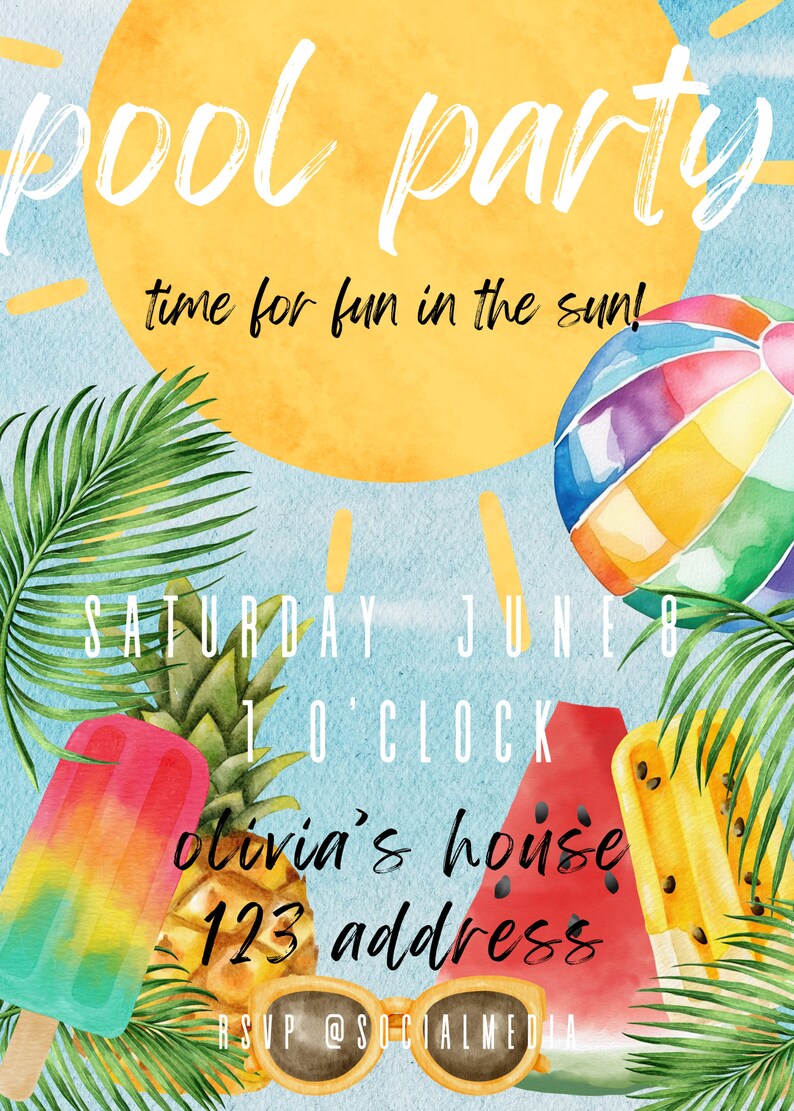 Pool Party Invitation Custom Digital Download Spring Summer Springbreak ...