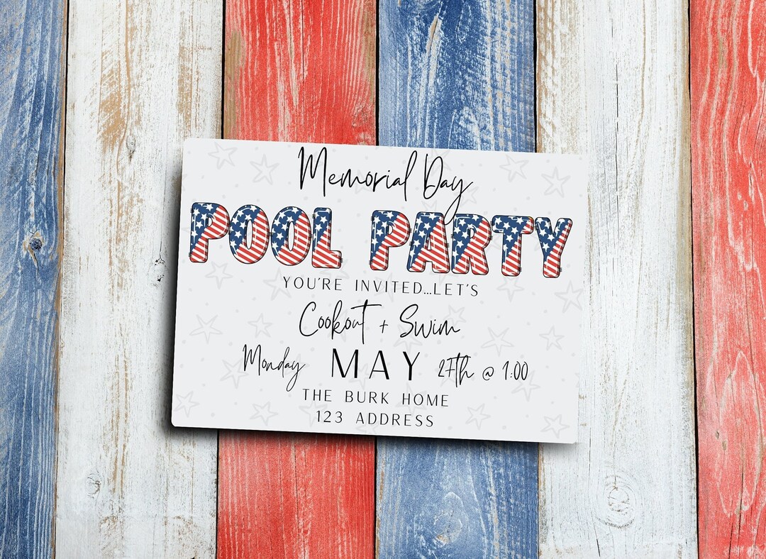 Memorial Day Pool Party Cookout Invitation Custom Digital Download ...
