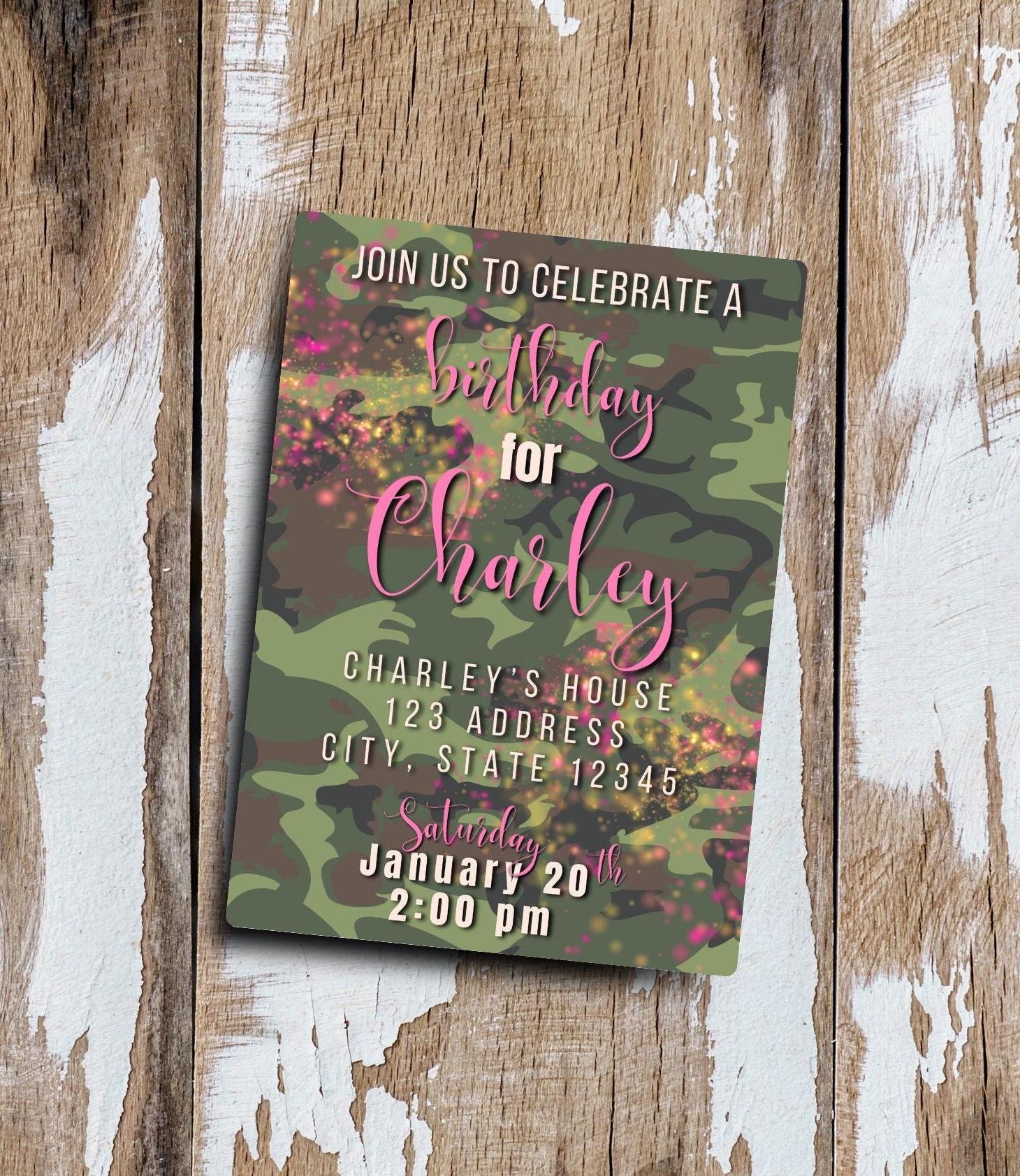 Camo and Pink Girls Birthday Party Invitation Custom Digital Download ...