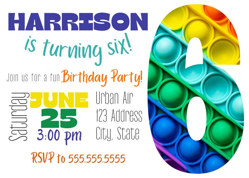 Kids Pop-it Fidget Birthday Party Invitation Popit Party Invite Digital ...