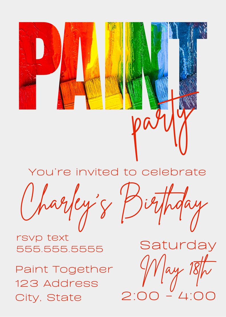 Paint Party Birthday Invitation Custom Digital Download Evite Text ...