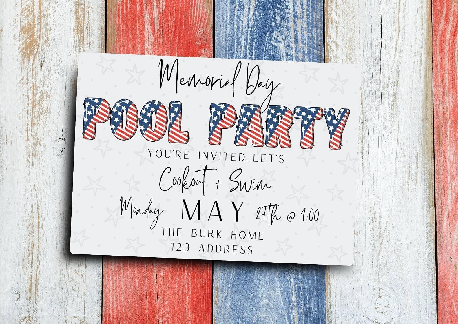Memorial Day Pool Party Cookout Invitation Custom Digital Download ...