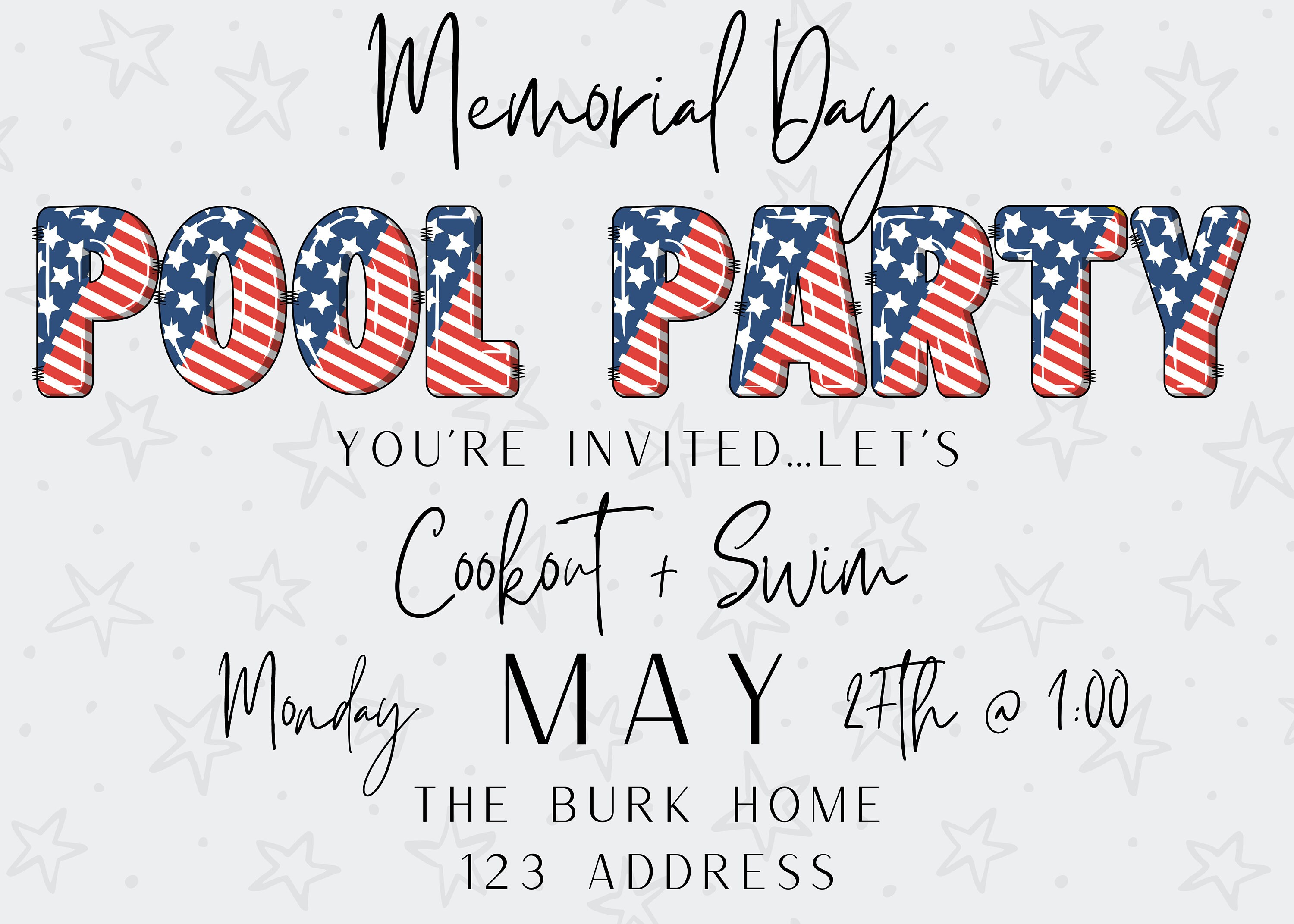 Memorial Day Pool Party Cookout Invitation Custom Digital Download ...