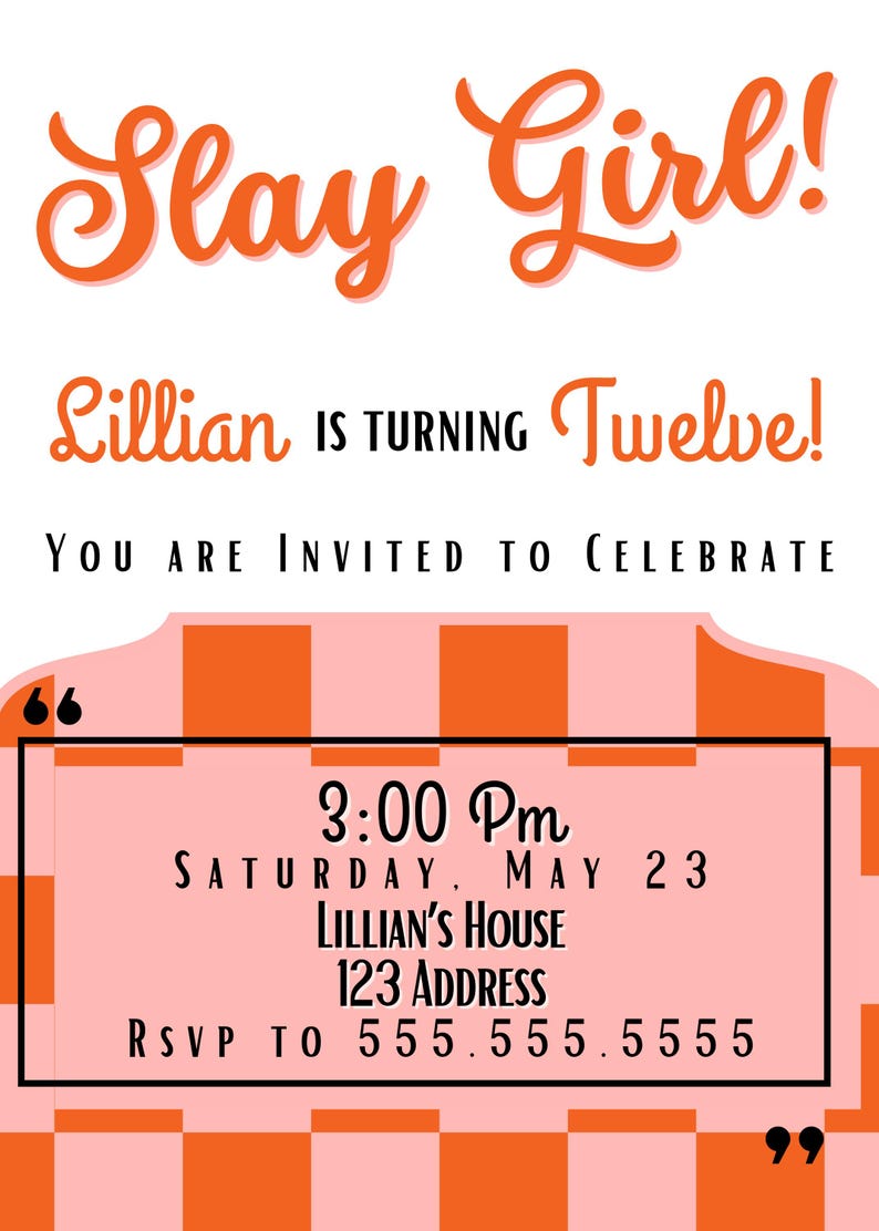 Slay Girl Tween Girls Birthday Party Invitation Preppy Checkered Check ...