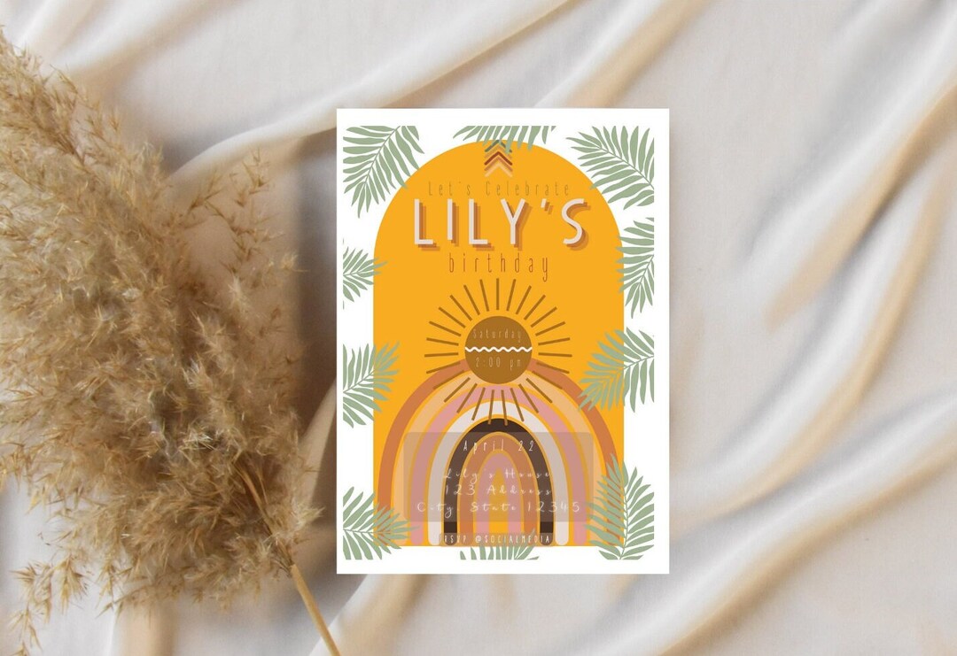 Customized Boho Birthday Mustard Party Rainbow Invitation Download ...