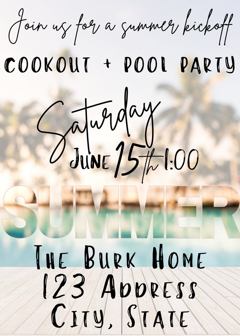 Summer Pool Party Invitation Custom Digital Download Pool Day Summer ...