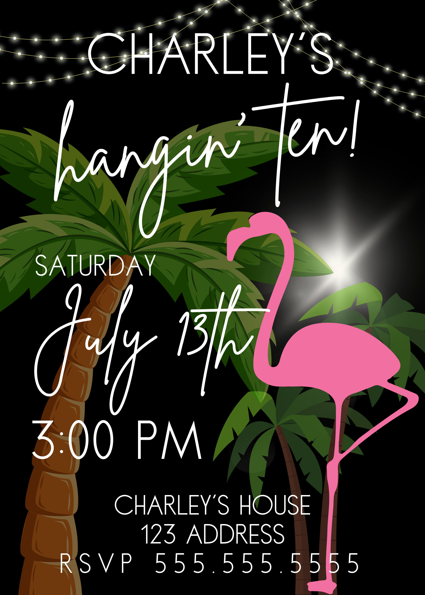 Flamingo Birthday Party Hangin 10 Ten Invitation Custom Digital ...