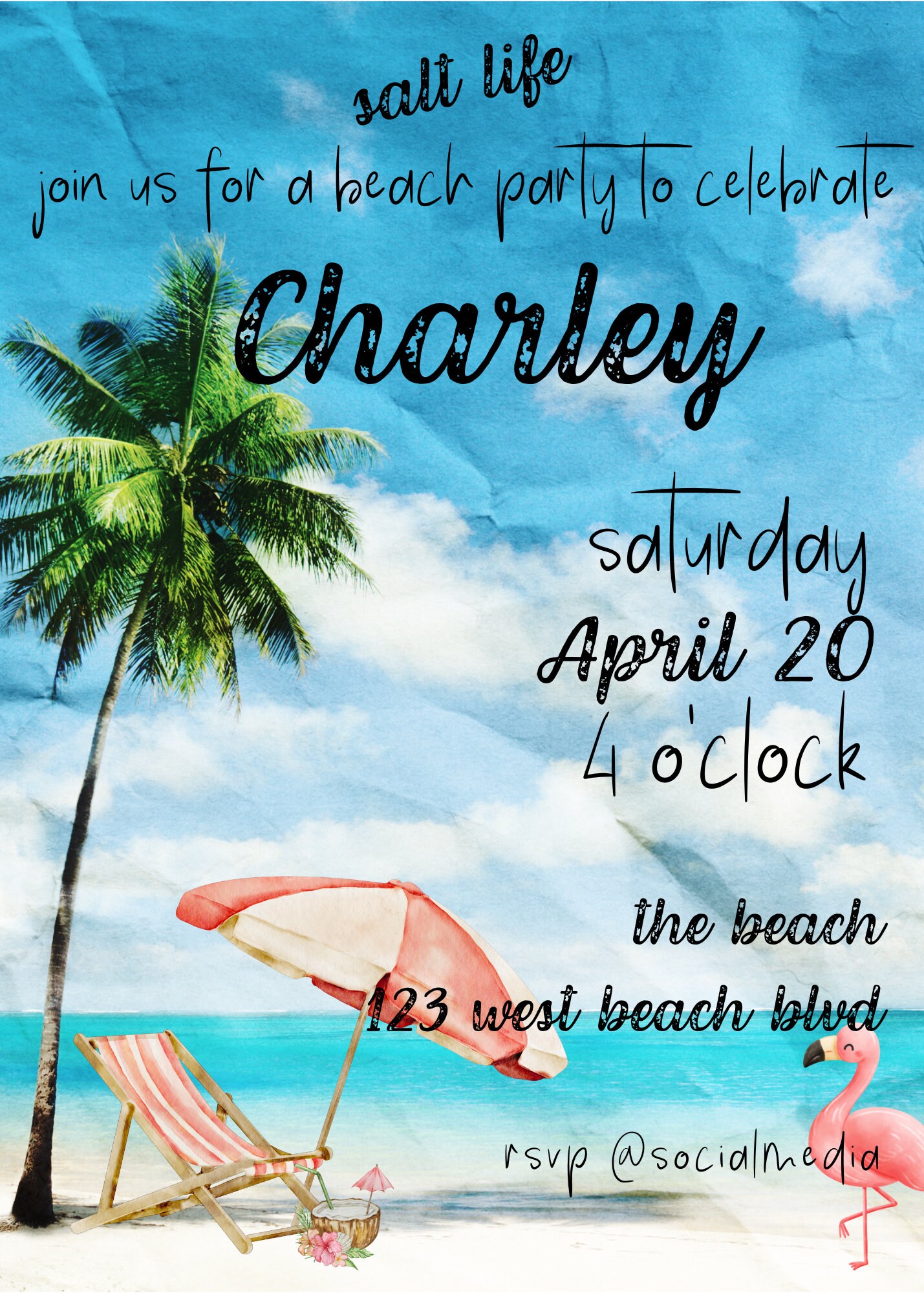 Beach Party Invitation, Flamingo Palm Trees Design (digital Download ...