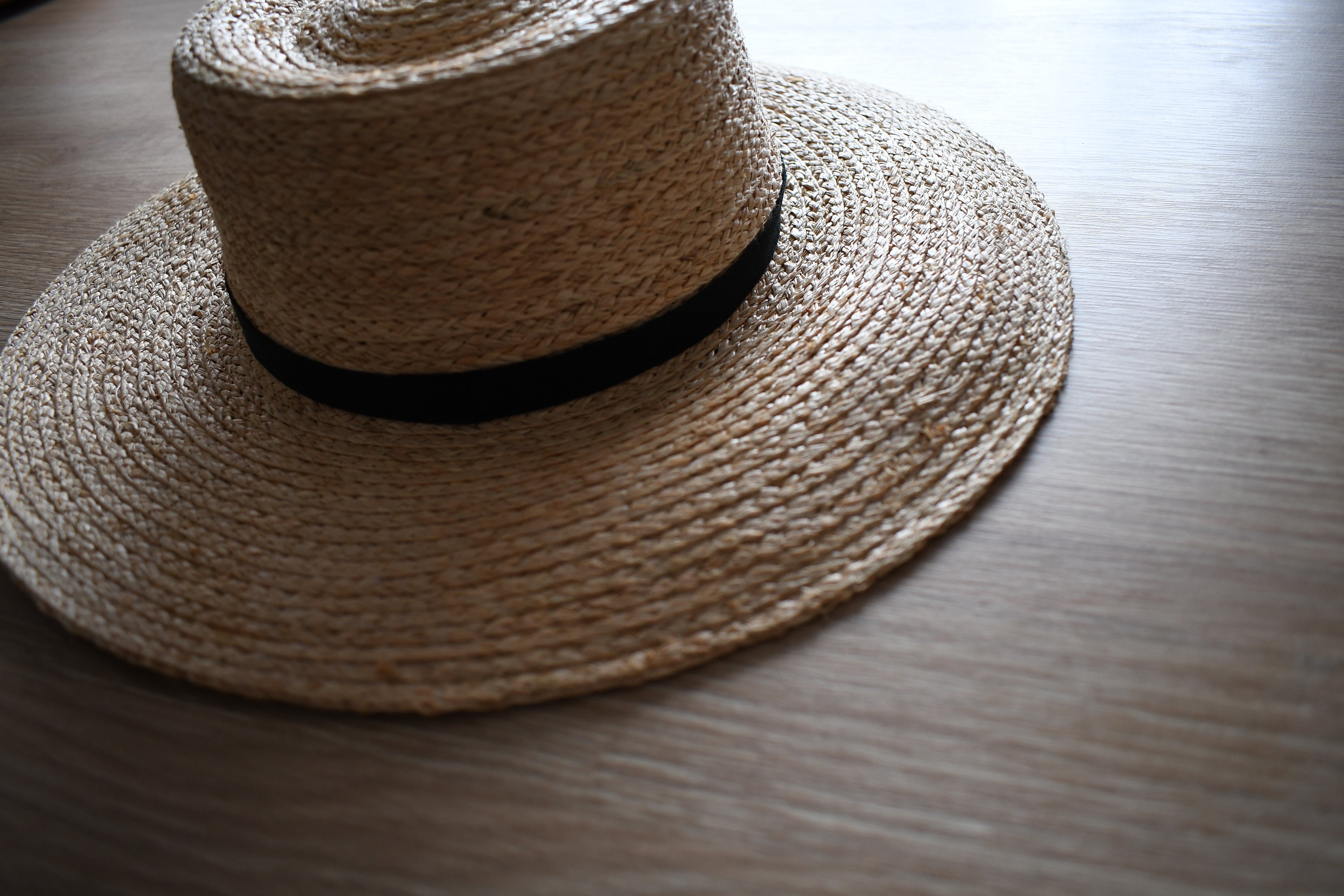 Beautiful Wide-brim Straw Boater Hat With Thin Black Ribbon, Large Brim ...