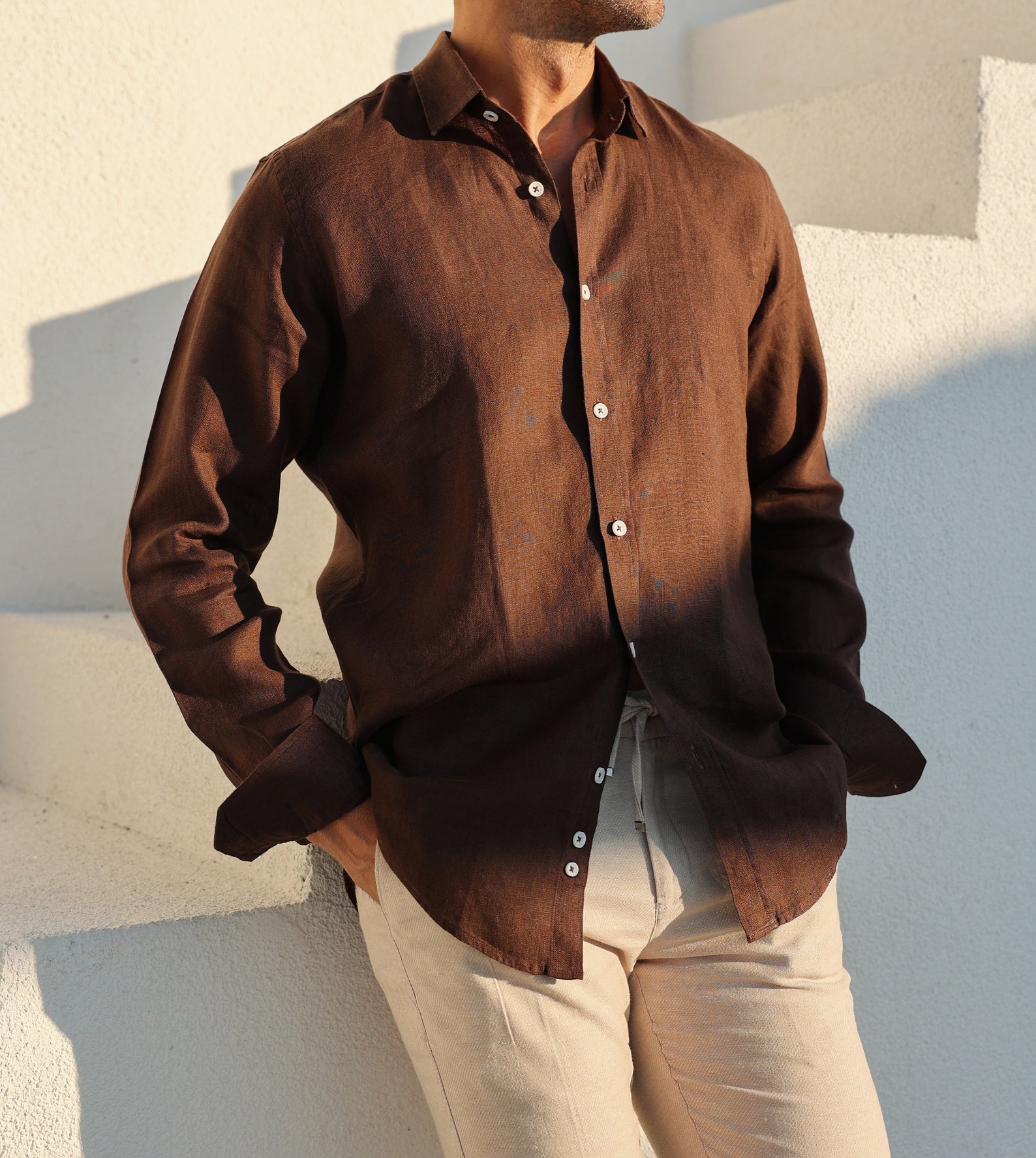 Brown Linen Shirt for Men 100% Linen Shirt - Etsy
