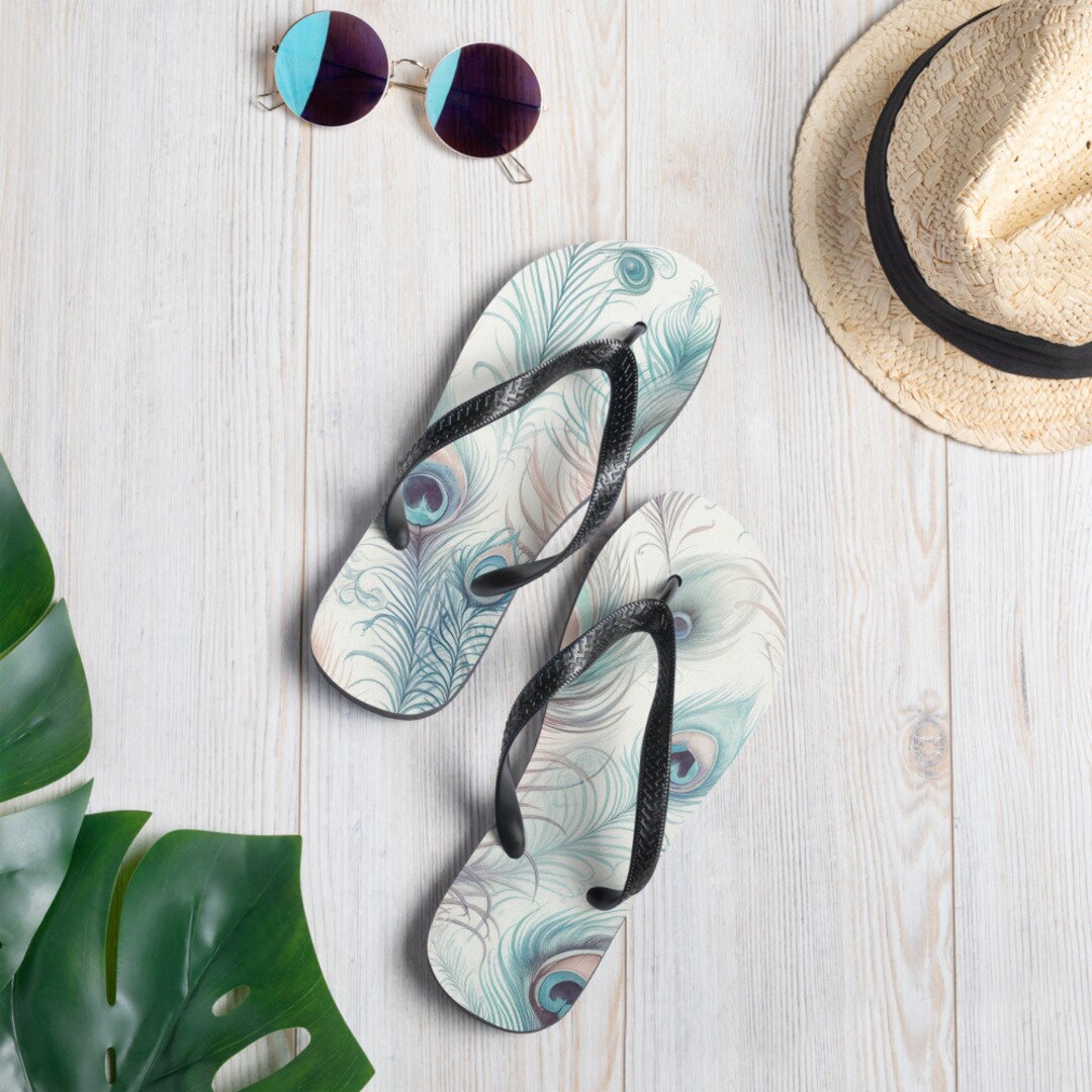 Pastel Peacock Flip Flops Elegant Feather Print Sandals With Soft Sole ...