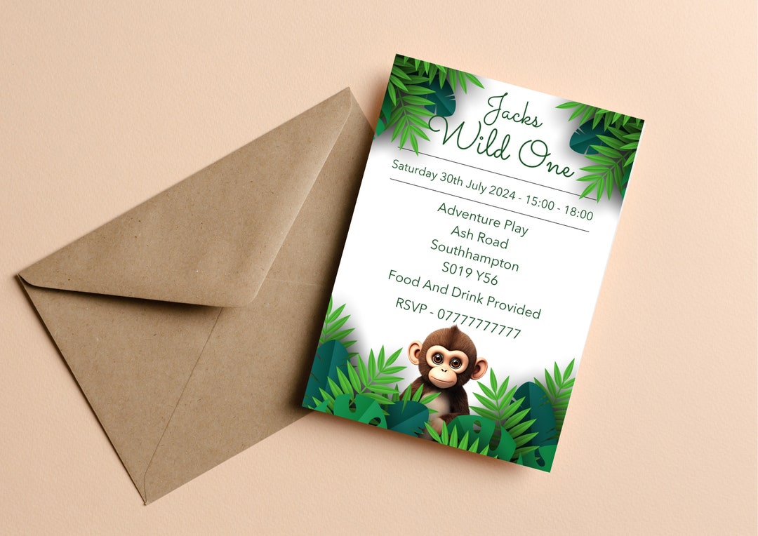 Wild One Cheeky Monkey Invitation Jungle Themed Party Invitation ...