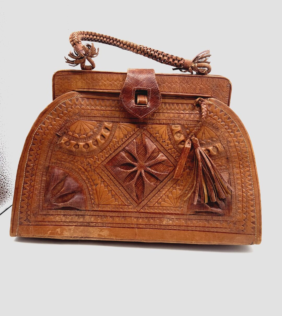 Rare and Unique Vintage 1970s Engraved Leather Handmade Handbag Purse ...