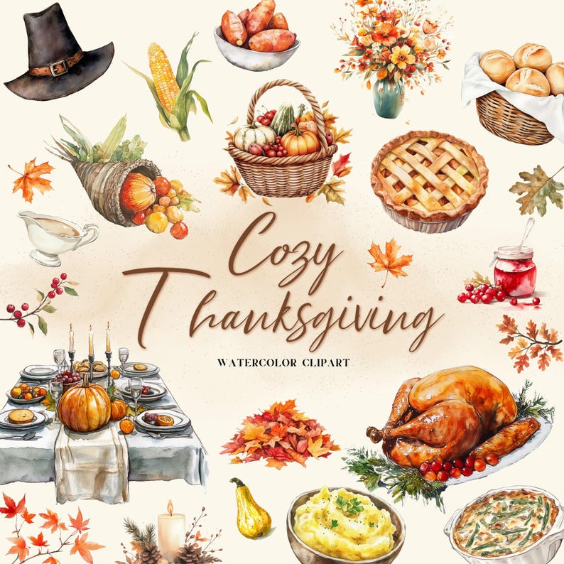 Cozy Thanksgiving Watercolor Clipart - Seasonal Decor - Cottagecore ...