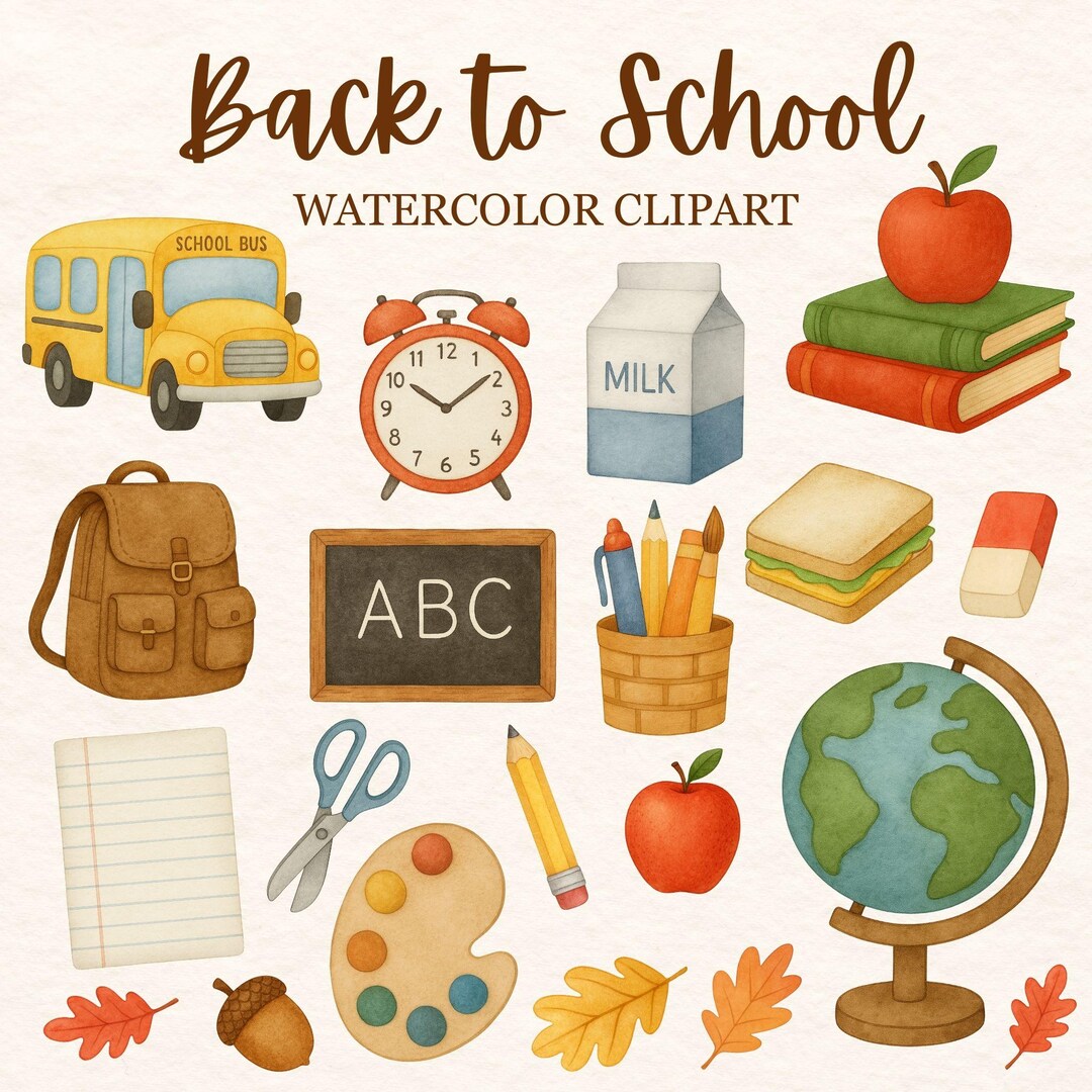 Back to School Clipart Bundle | Watercolor School Supplies PNG ...